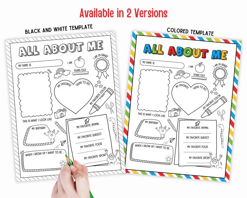All About Me Printable Activity Coloring Worksheet Kids Favorite Things ...