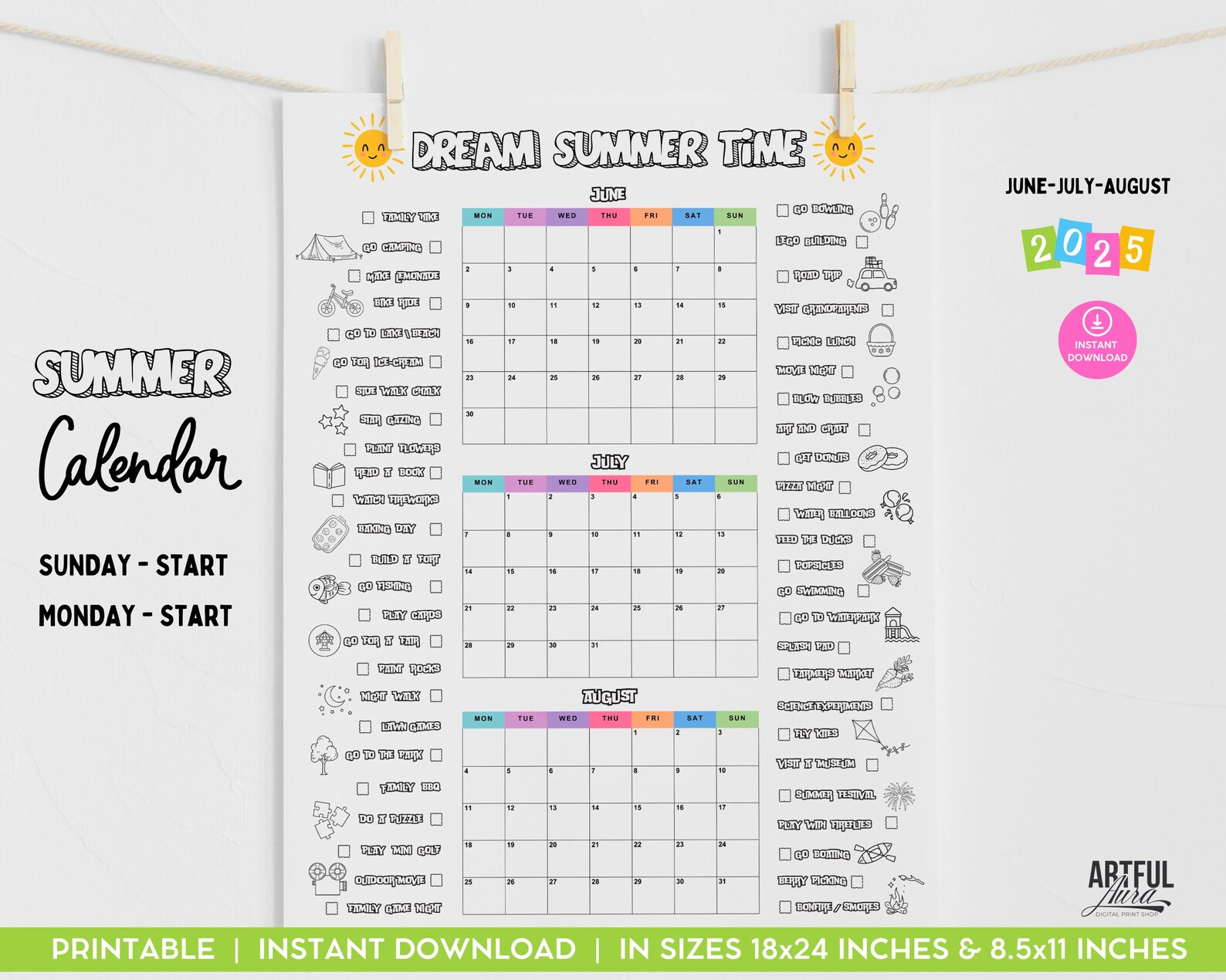 2025 Summer Calendar Bucket List: Kids' Printable Checklist (digital ...