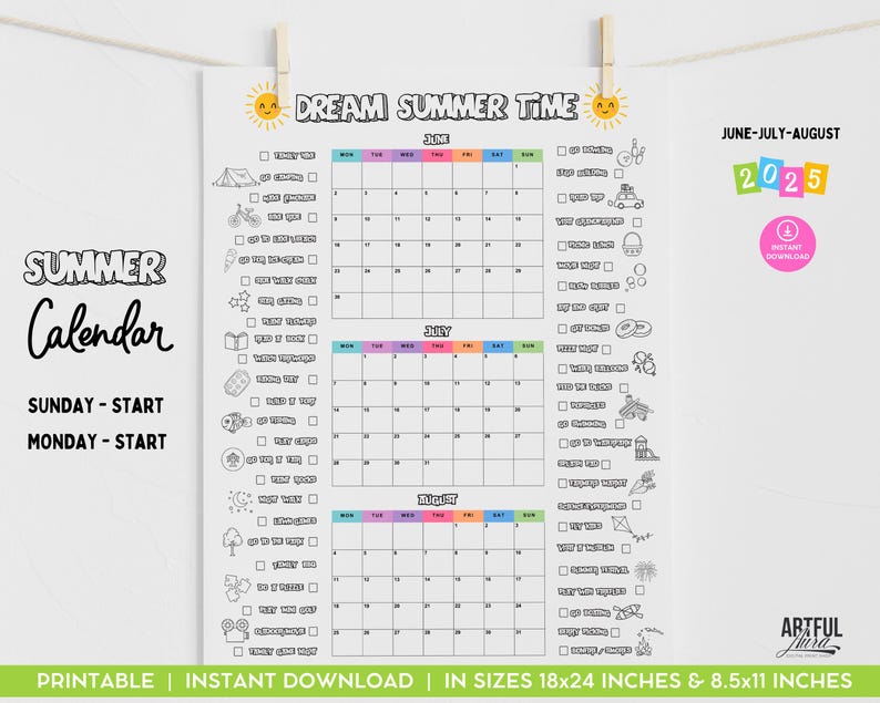 2025 Summer Calendar Bucket List: Kids' Printable Checklist (digital ...
