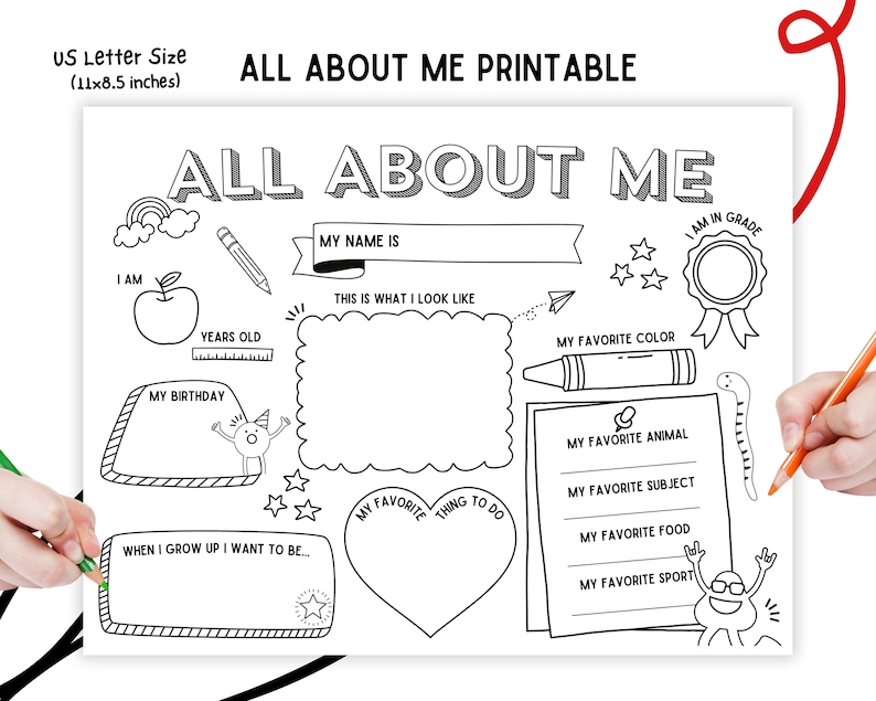 All About Me Printable Activity Coloring Worksheet Kids Template ...