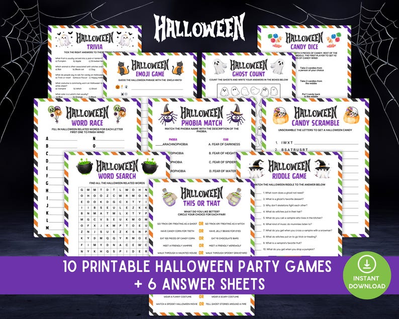Halloween Printable 10 Game Bundle Halloween Party Games Halloween ...