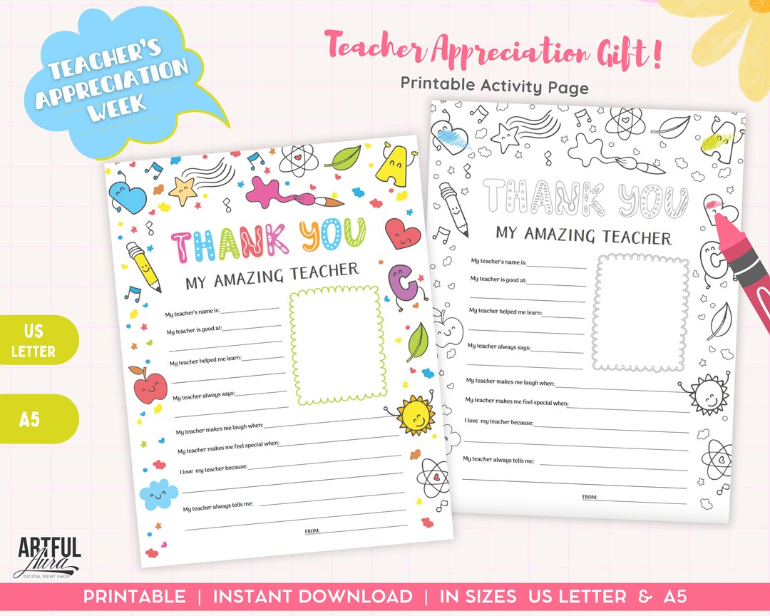 Teacher Appreciation Fill-in & Coloring Pages Gift Kids Printable, All ...