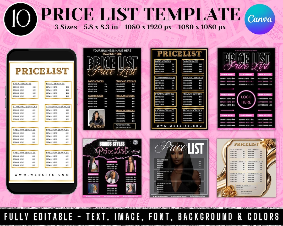 10 Price List Template,editable Price List Template Canva,beauty Salon ...