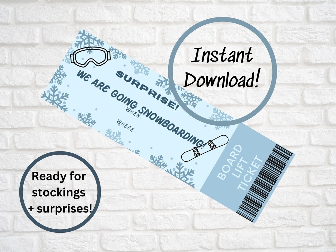 Printable Snowboard Ticket I Snowboard Ticket Gift I Snowboard ...