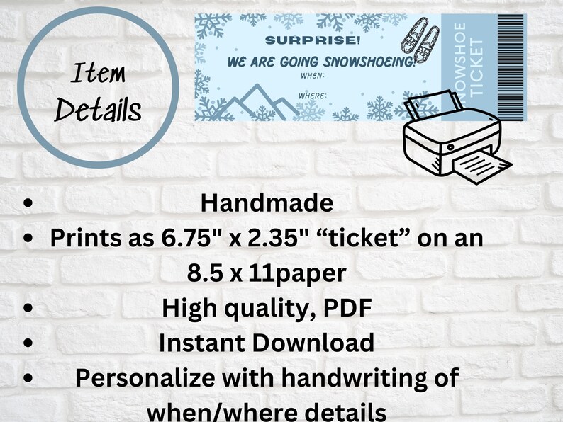 Printable Snowshoe Ticket I Snowshoe Printable Gift I Snowshoe Voucher ...