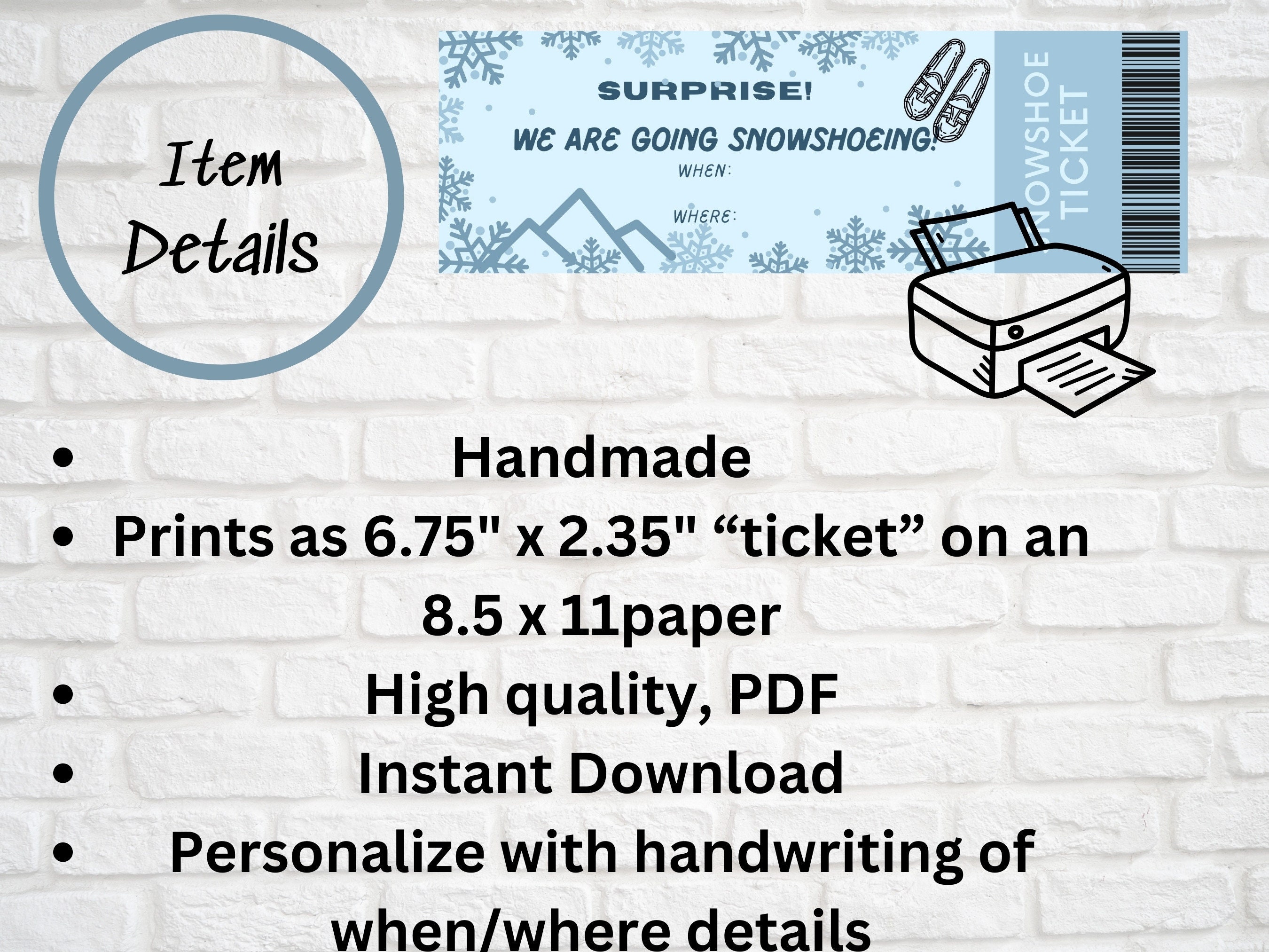 Printable Snowshoe Ticket I Snowshoe Printable Gift I Snowshoe Voucher ...