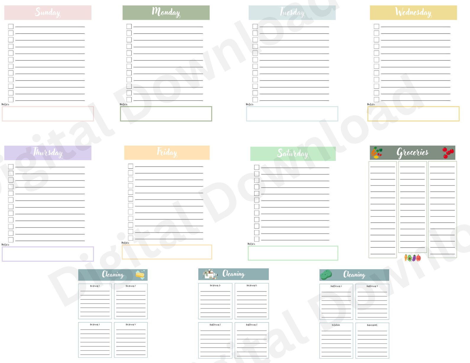 Daily To-do Checklists 11 Pages for Each Day of the Week, Groceries ...