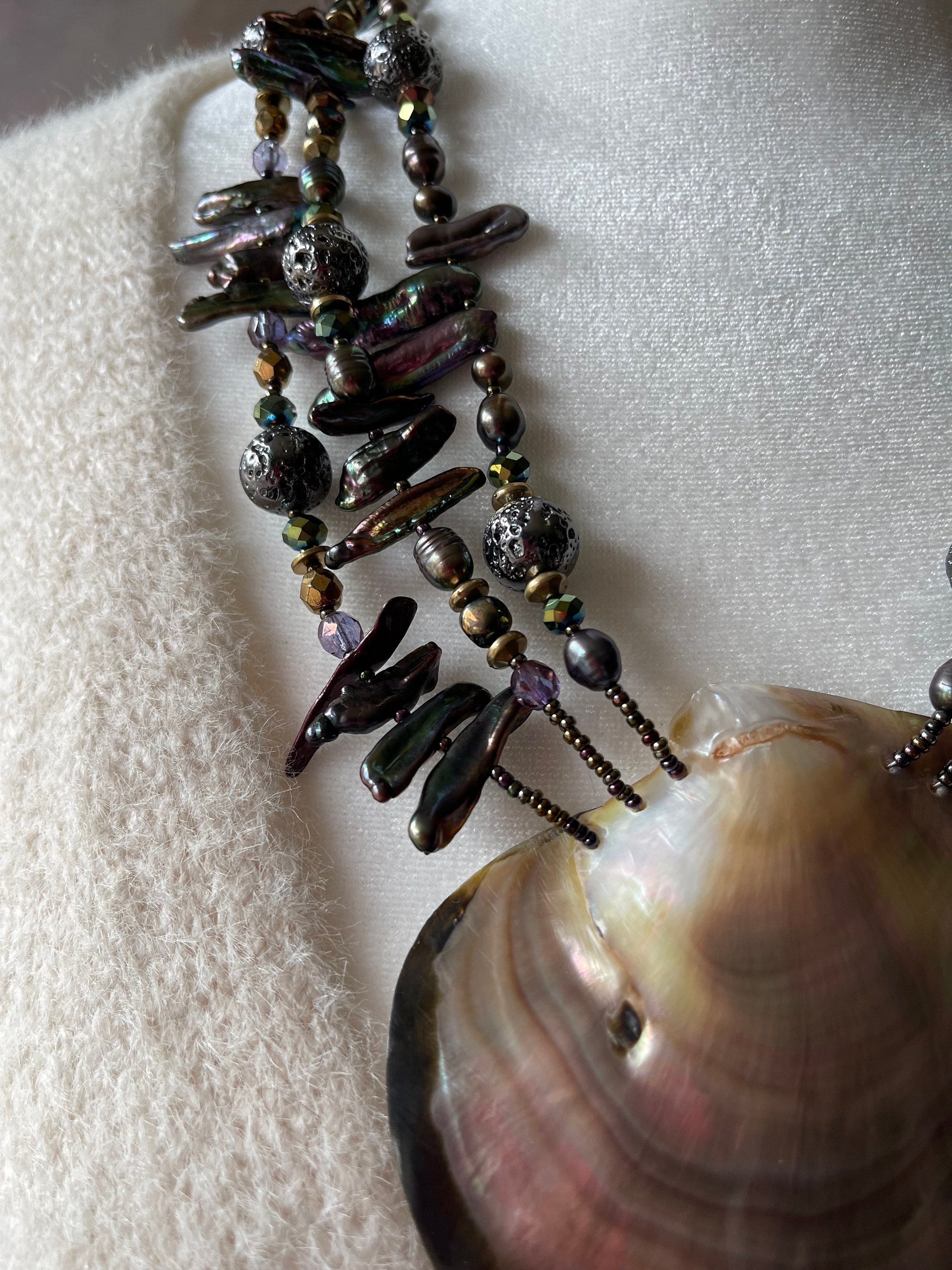 Vintage Black Biwa Pearls With Mother of Pearl Shell Necklace. - Etsy