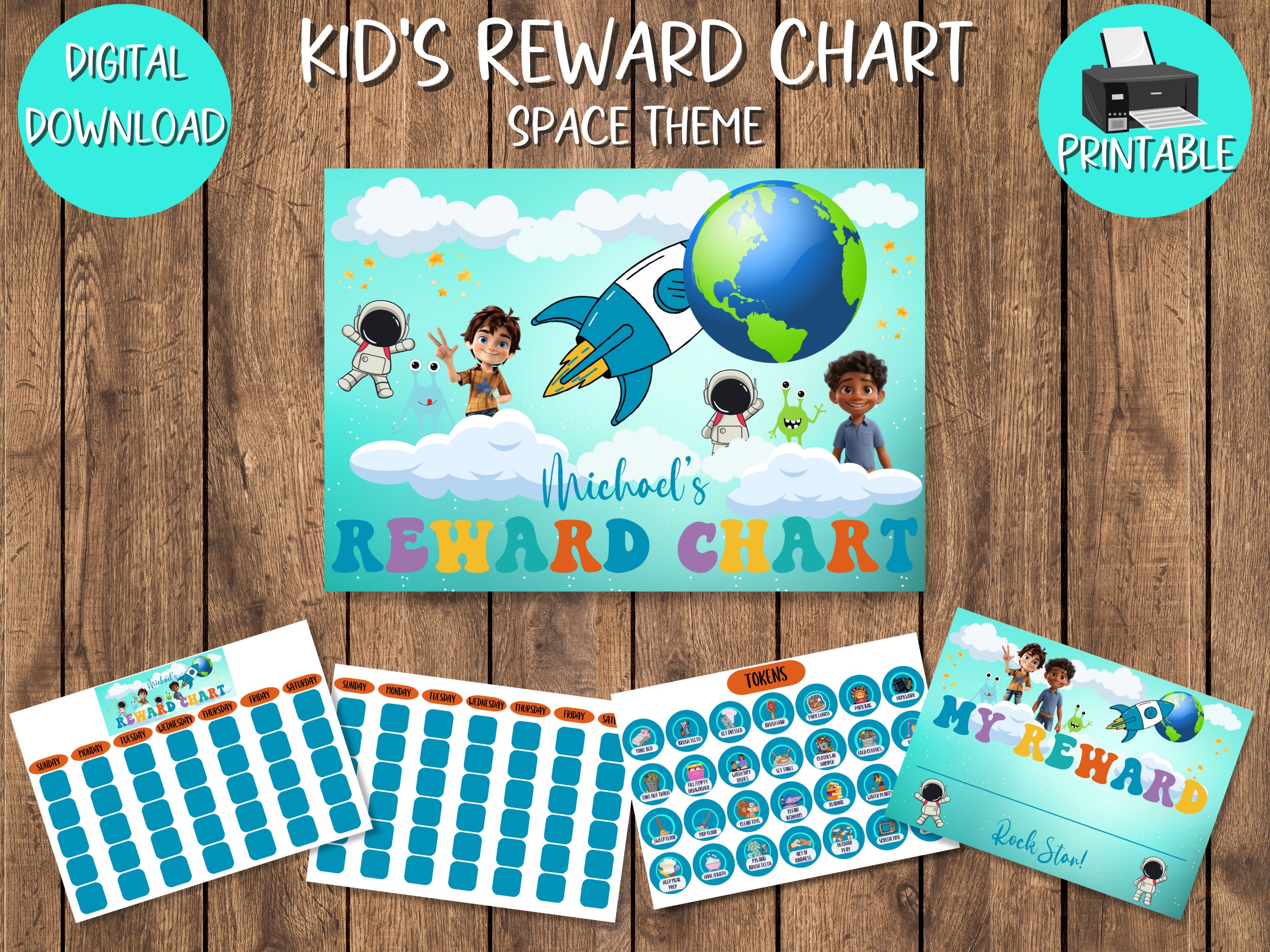 Kids Reward Chart Space Theme Digital Download, Printable Behavior ...