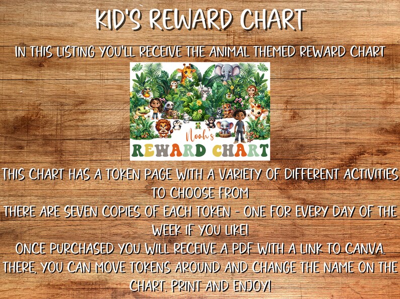Printable Kids Reward Chart, Animal Theme, Digital Download, Behavior ...