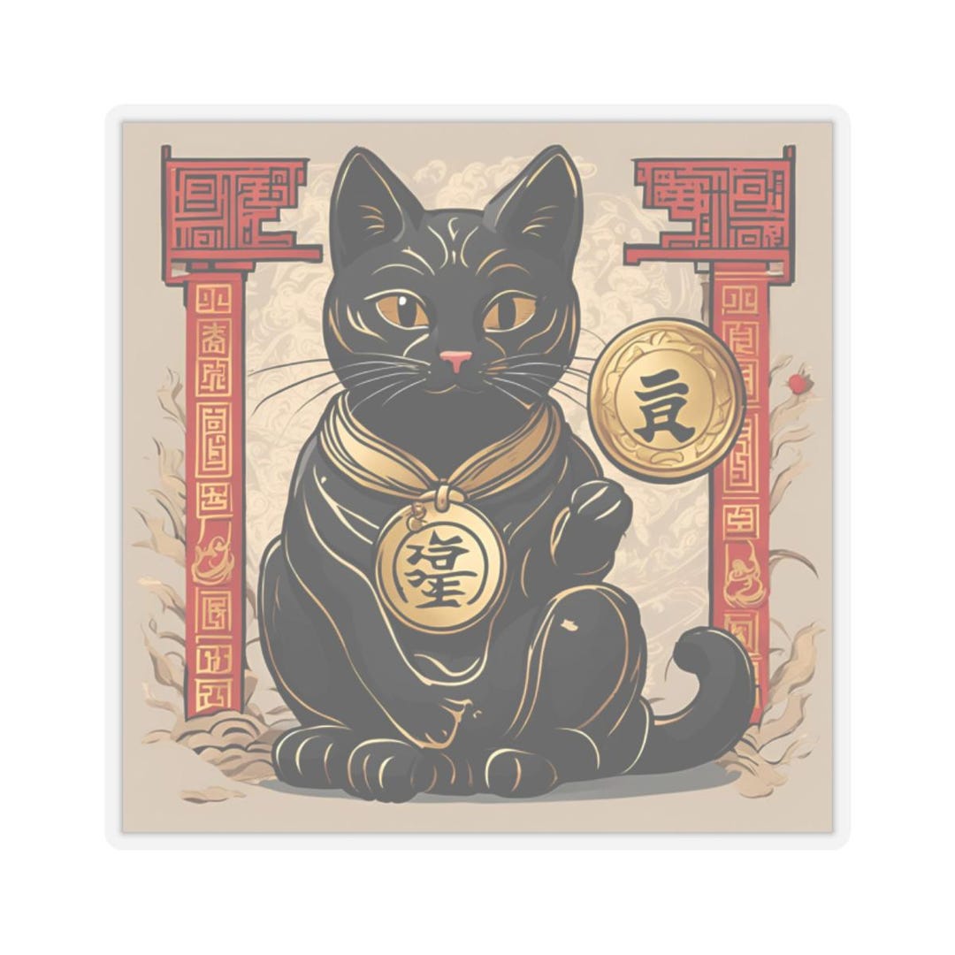 Lucky Black Cat Maneki-neko Sticker | Cute Japanese Fortune Cat Decal ...