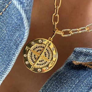 Gold Compass Necklace, North Star, Medallion Compass Necklace, Compass ...