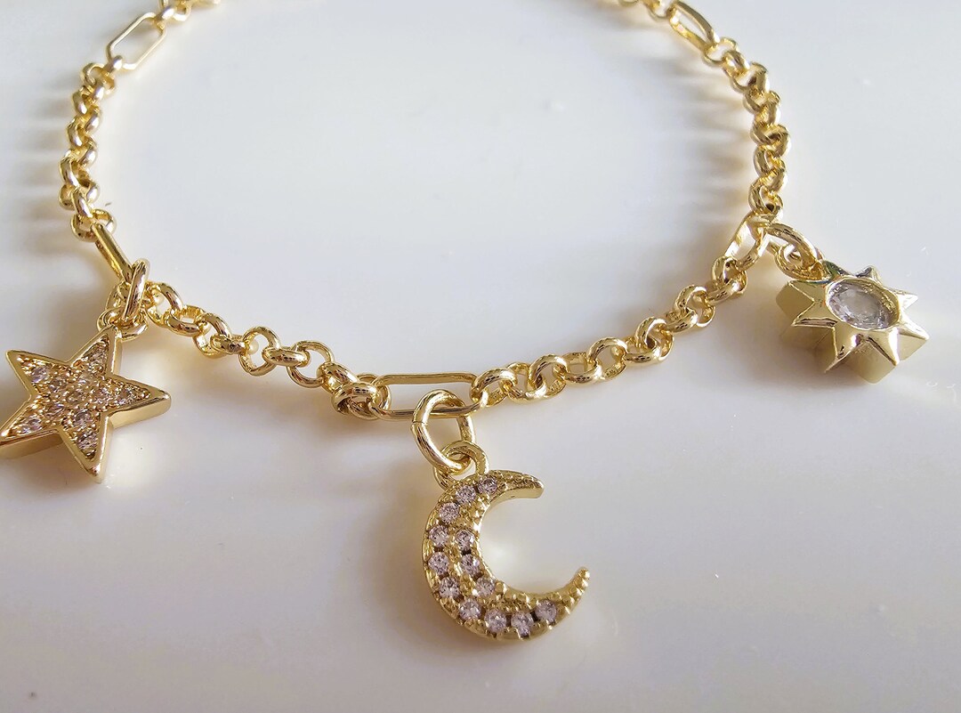 Dainty Charm Bracelet, Gold Chain Bracelet, Gold Dangling Charms ...