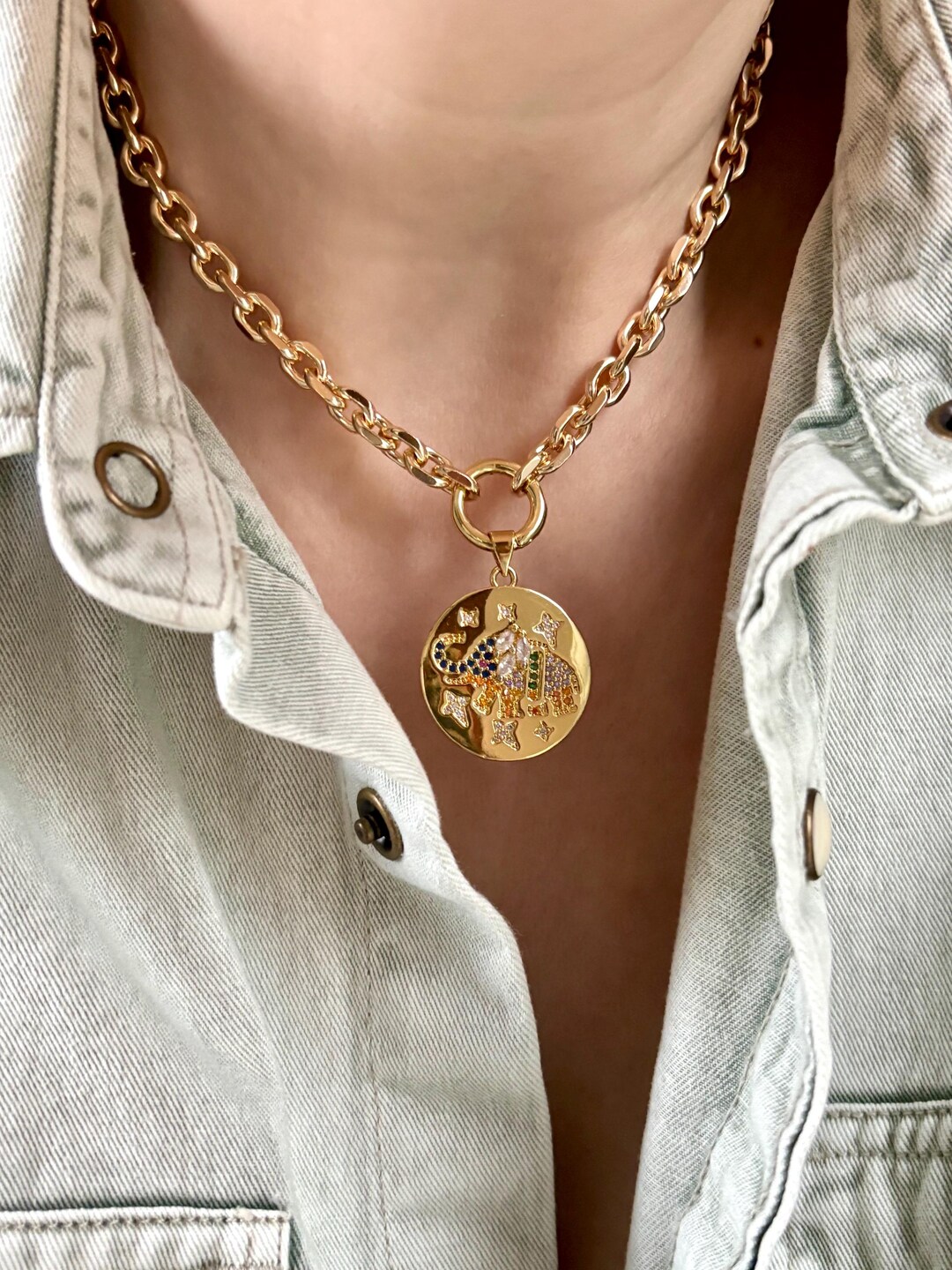 Gold Elephant Medallion Necklace, Gold Coin Necklace, Gold Chuncky ...