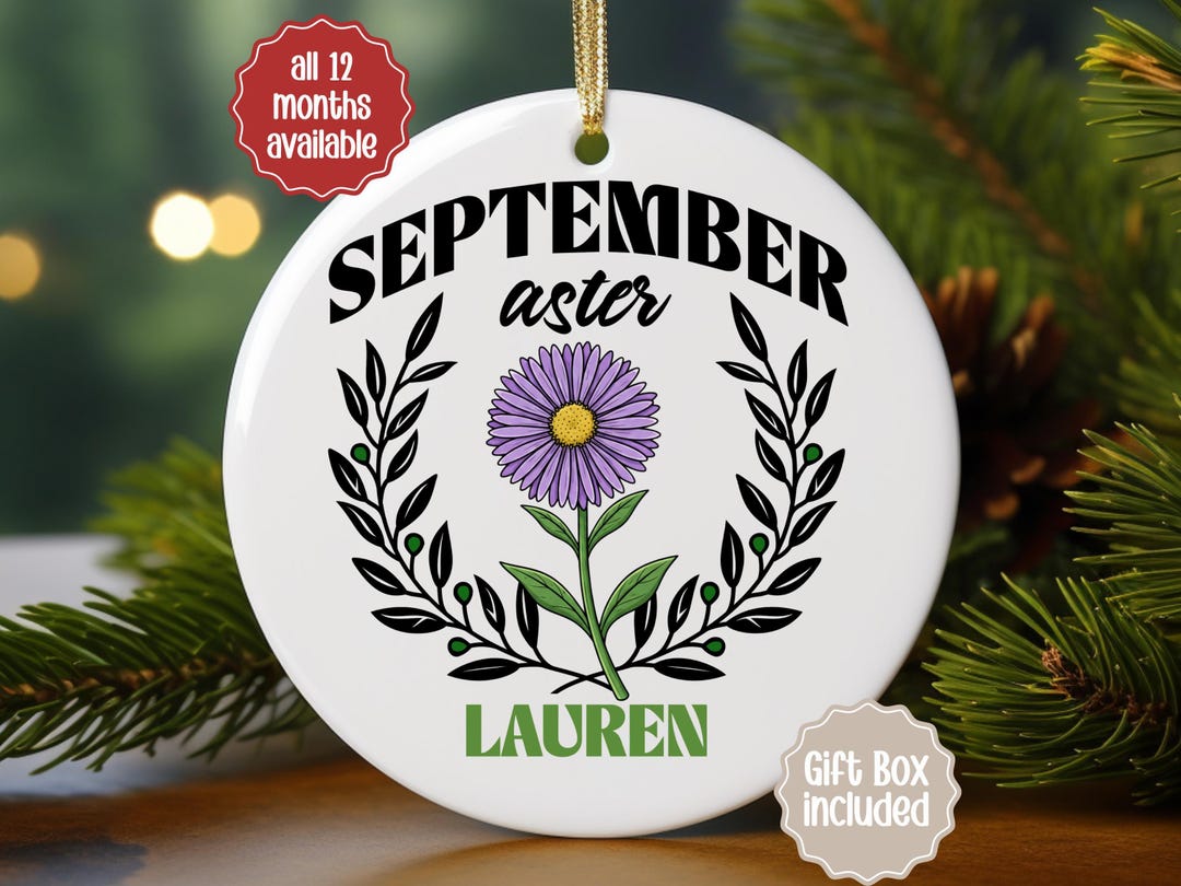 September Birth Flower Ornament, Personalized Aster Gift, Custom Name ...