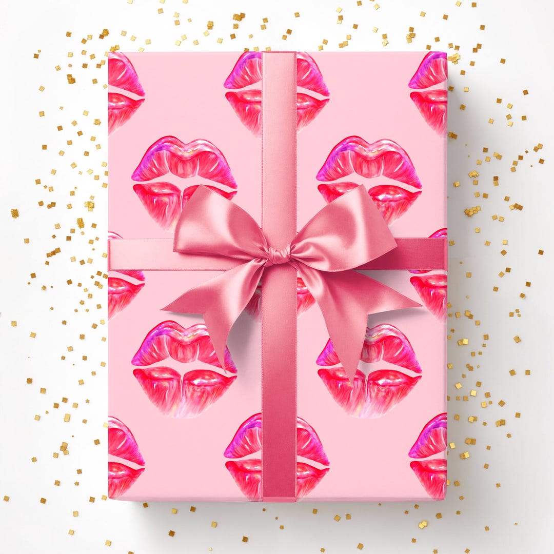 Pink Lips Gift Wrap, Lip Gloss Puffy Lip Wrapping Paper, Wrapping Paper ...
