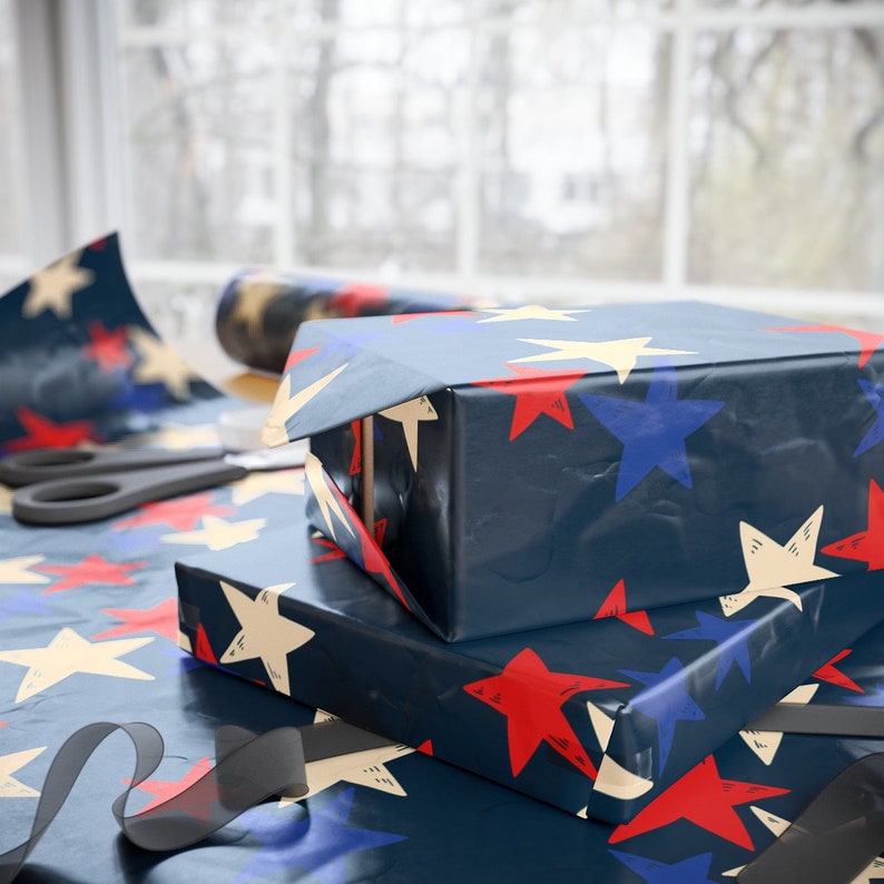 Red White and Blue Stars Wrapping Paper, Happy 4th of July Gift Wrap ...