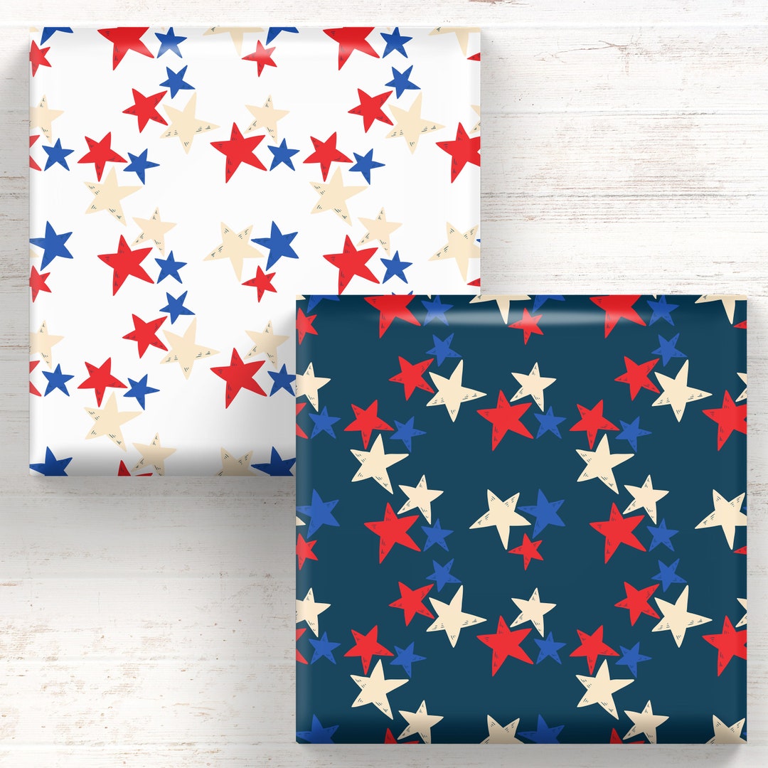 Red White and Blue Stars Wrapping Paper, Happy 4th of July Gift Wrap ...
