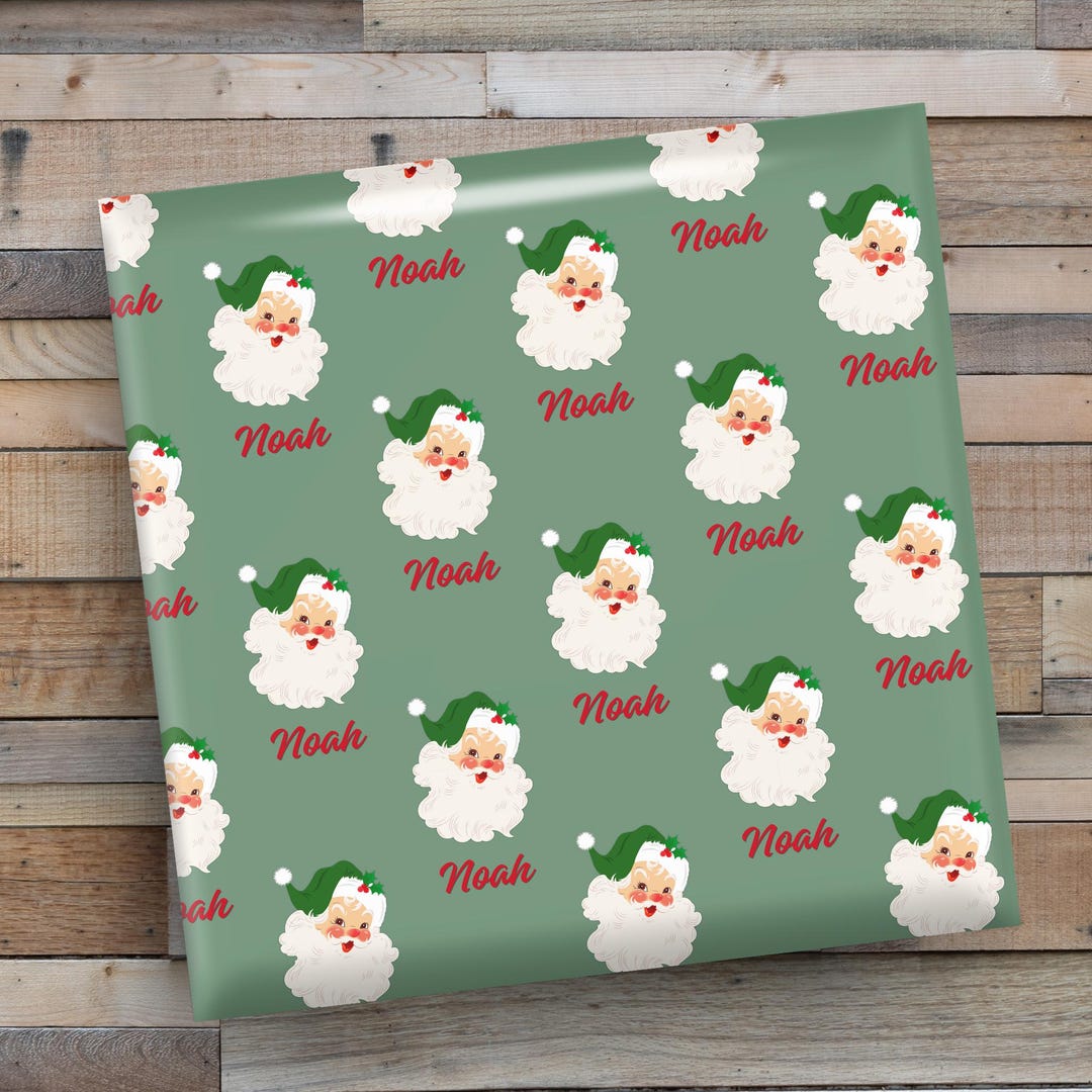 Personalized Vintage Santa Gift Wrap, Green Christmas Gifts Wrapping ...