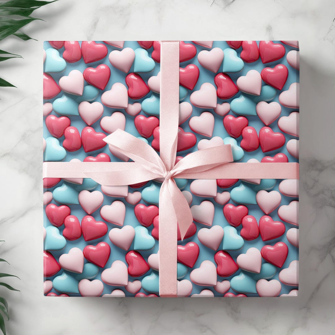 Valentine’s Day Gift Wrapping Paper With Pink and Blue Puffy Hearts ...