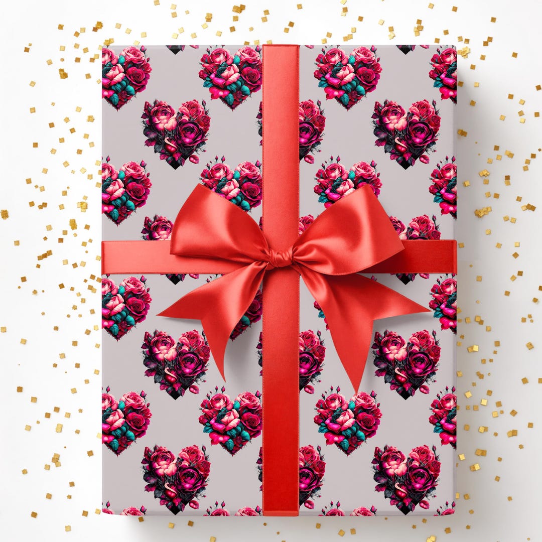 Romantic Rose Heart Wrapping Paper Valentine Gift Wrap for Love and ...