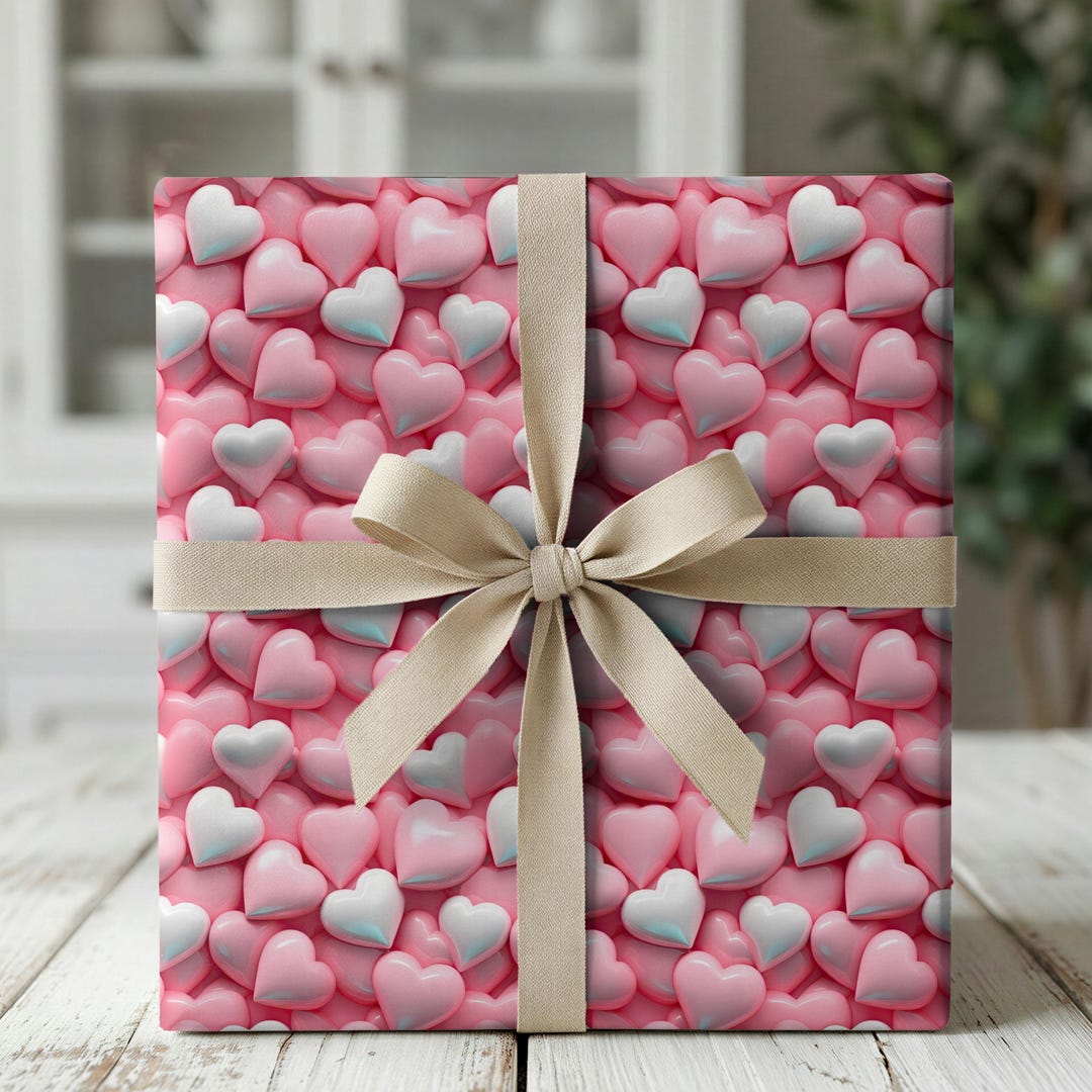 Pink Heart Wrapping Paper Roll, Valentine Gift Wrap, Heart Pattern ...