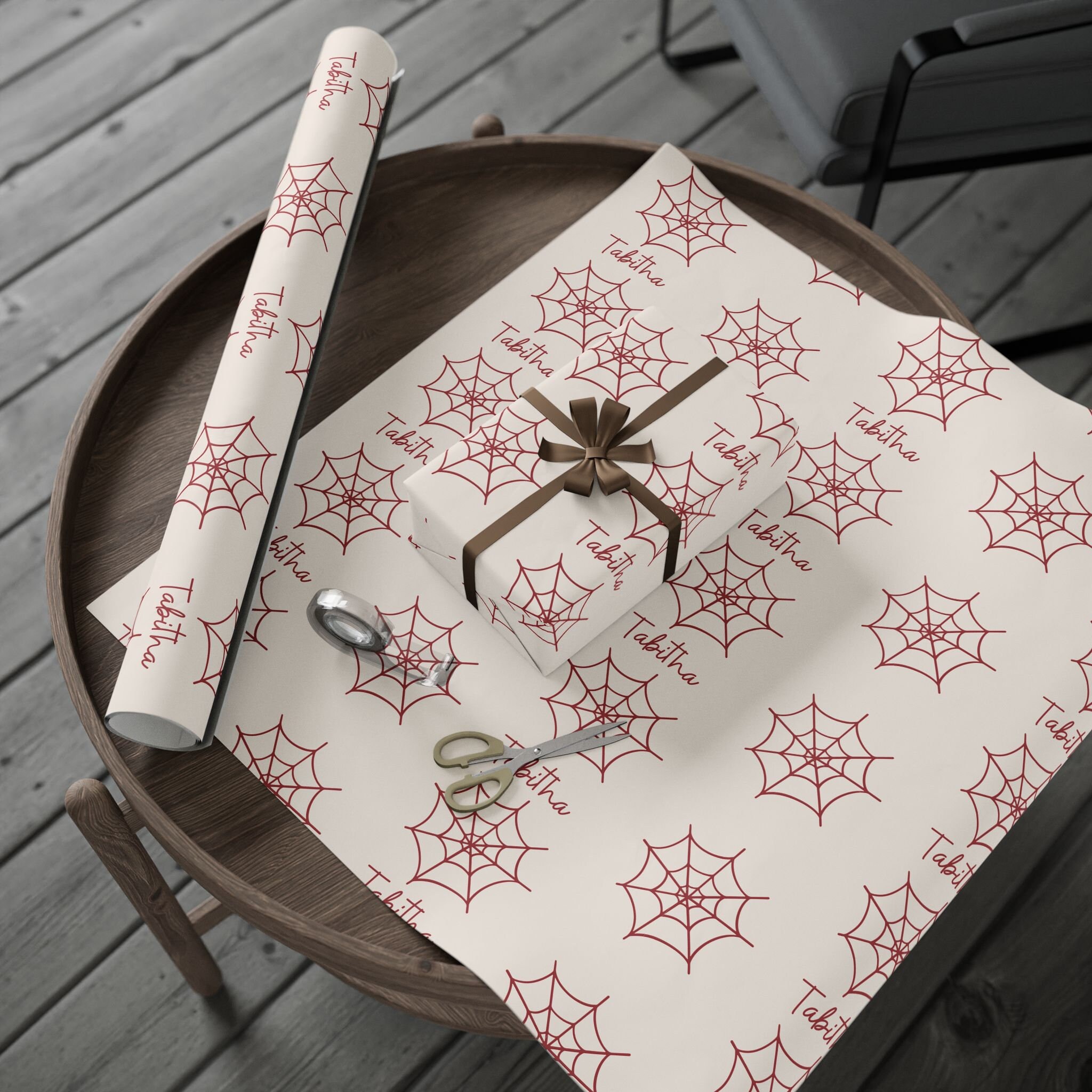 Custom Name Spider Web Wrapping Paper, Halloween All Over Web Present ...