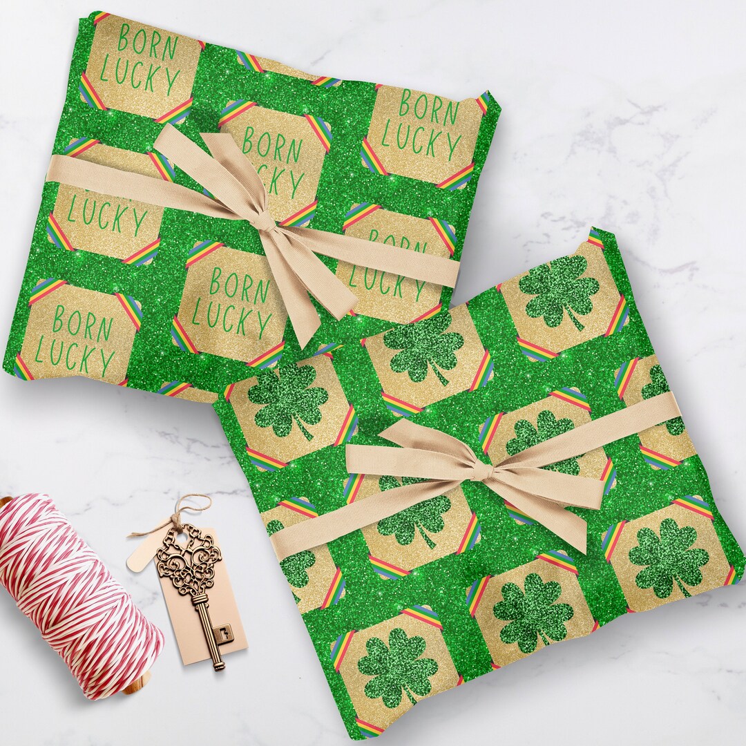 St. Patrick's Day Wrapping Paper, Born Lucky Gift Wrap, Shamrock Gift ...
