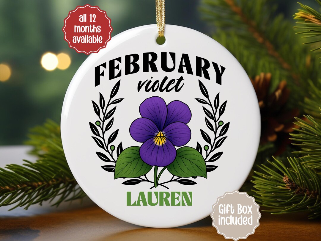 February Birth Flower Ornament, Personalized Violet Gift, Custom Name ...