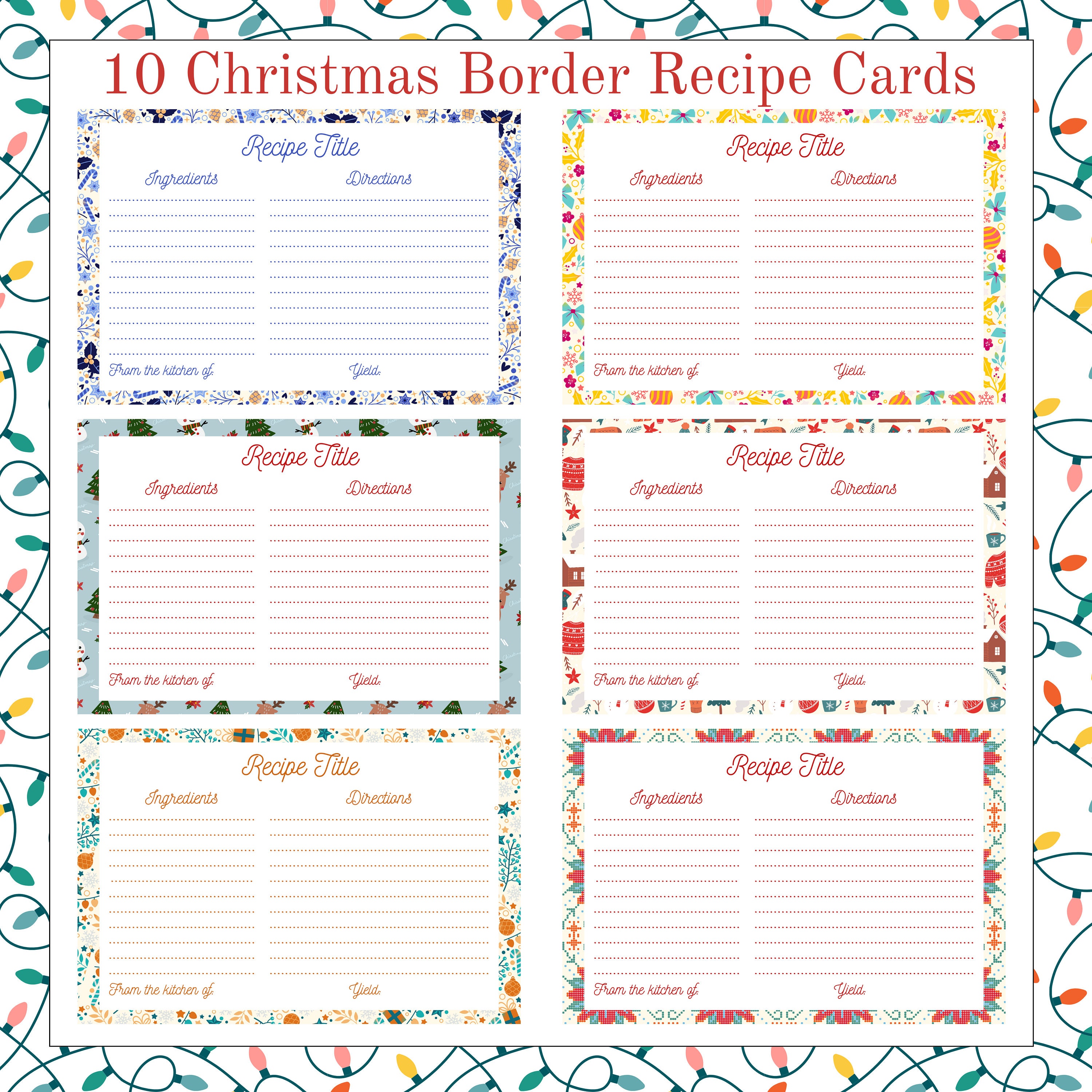 30 Christmas Recipe Card Templates for Canva, Printable Recipe Cards ...