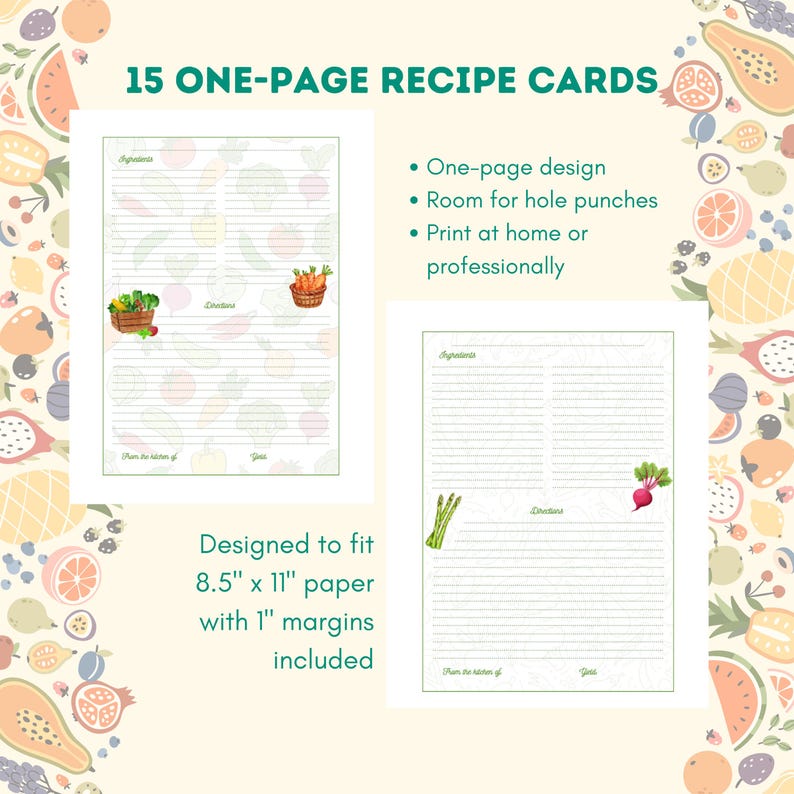 15 One-page Recipe Cards for Printing, Includes Baking and Kitchen ...