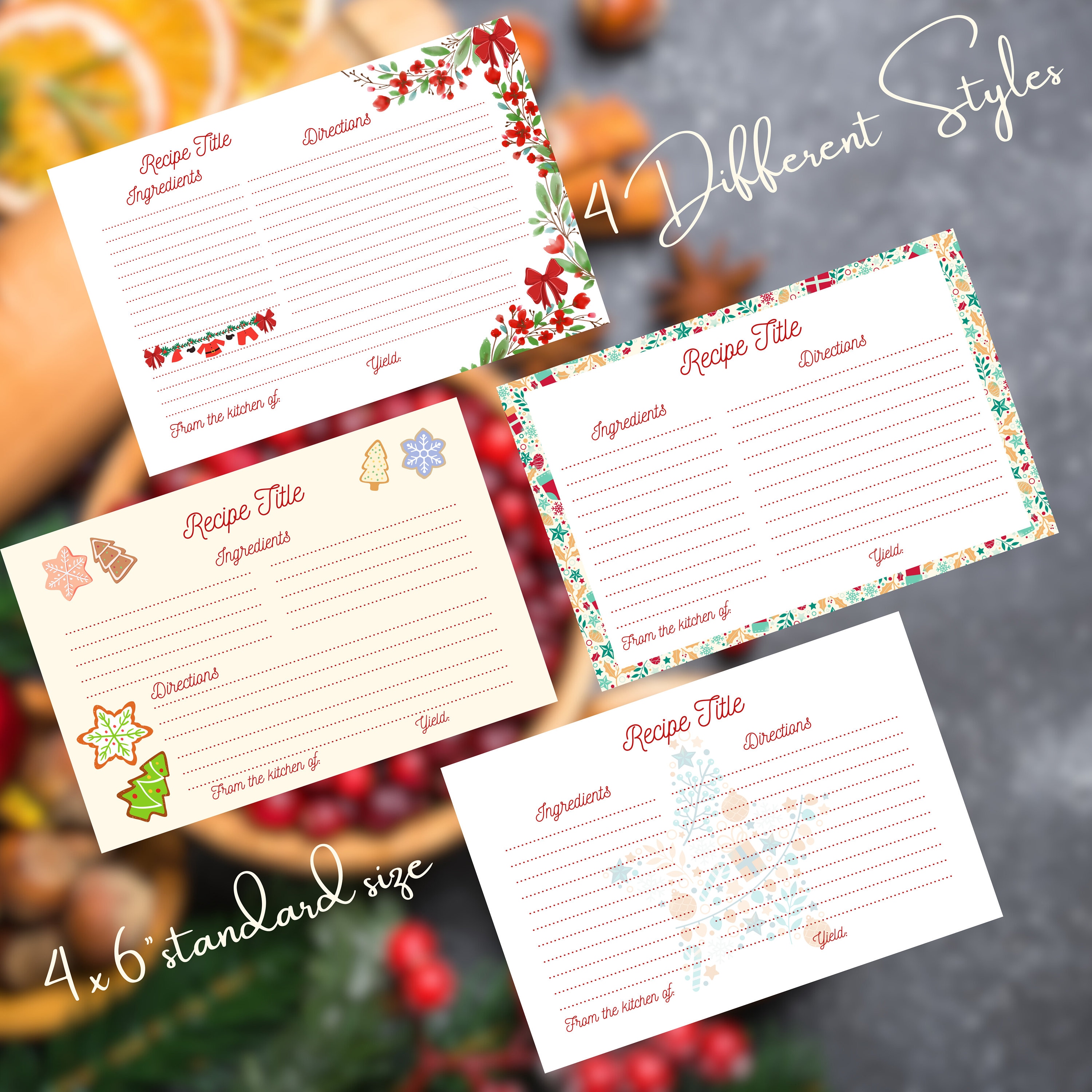 30 Christmas Recipe Card Templates for Canva, Printable Recipe Cards ...