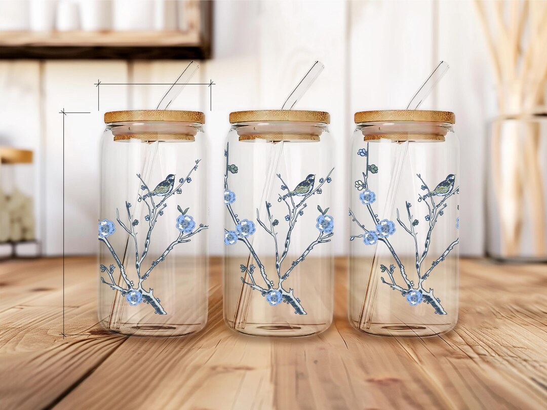 Chinoiserie Tree With Bird Print Sipper Glas 16oz for Coffee Lover ...