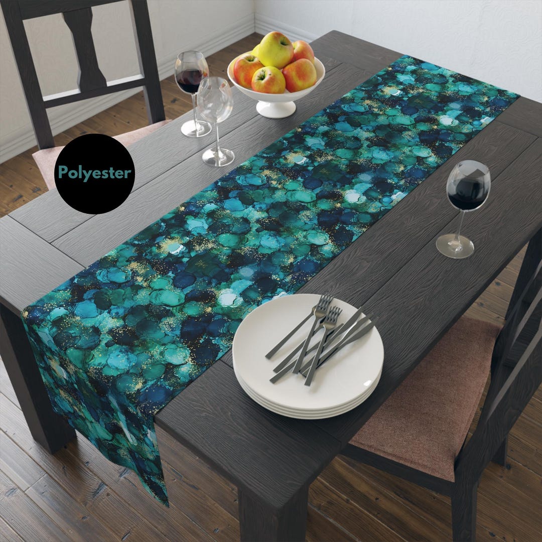 Vibrant Teal Marble Sparkle Print Design on Table Runner for Dining ...