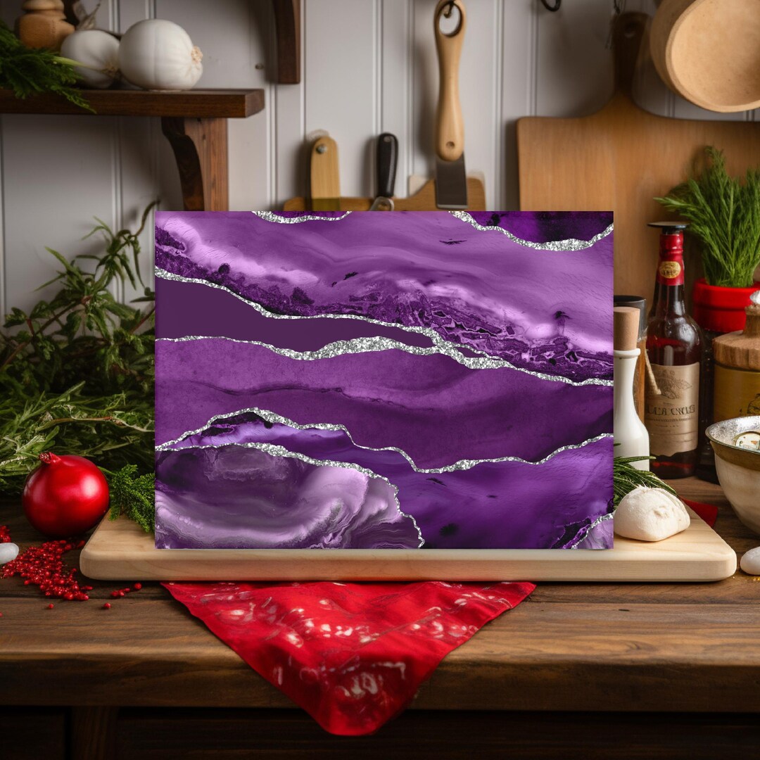 Purple and Silver Marble Print on Glass Cutting Board Marble Print ...