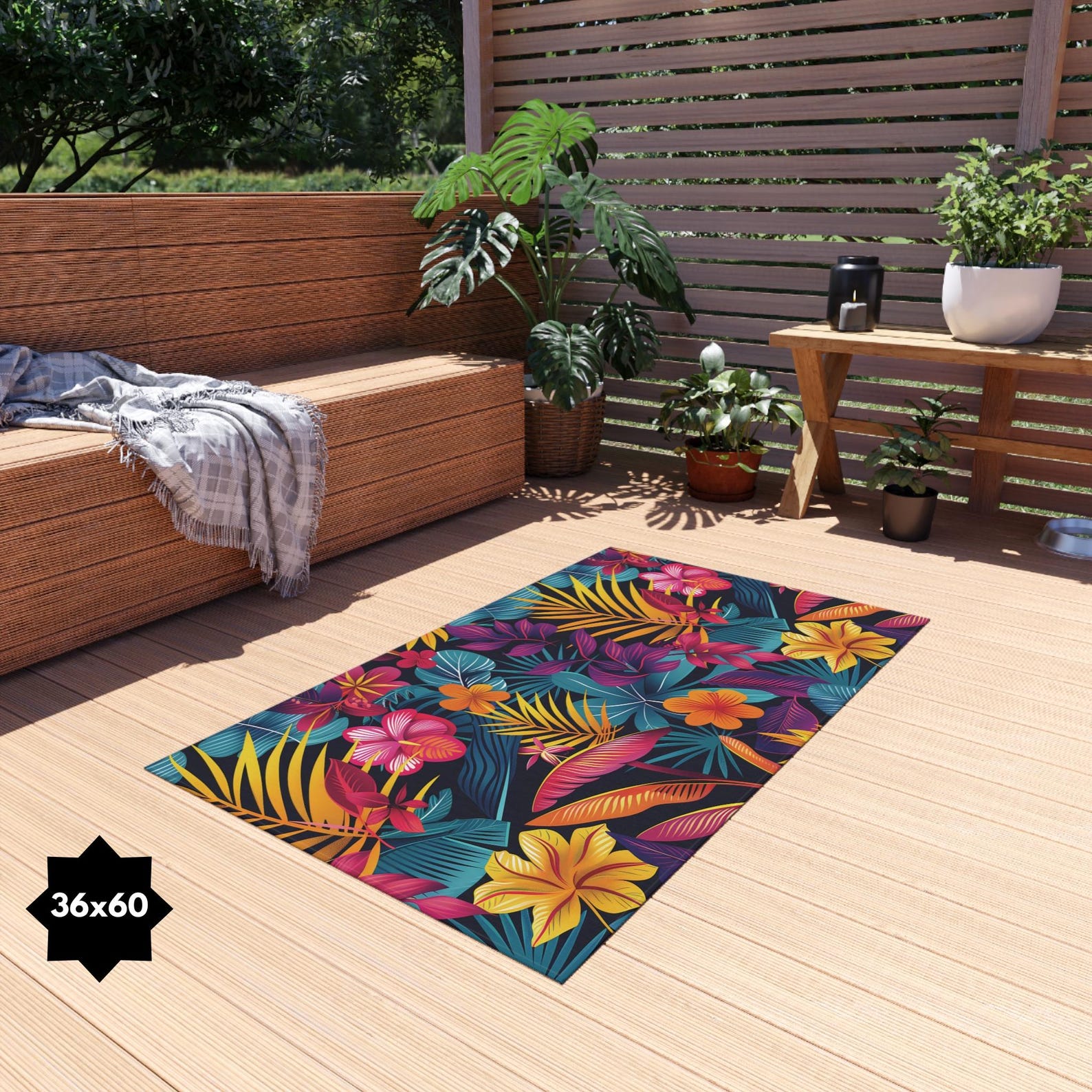 Vibrant Tropical Floral Design on Outdoor Rug for Patio & Garden ...