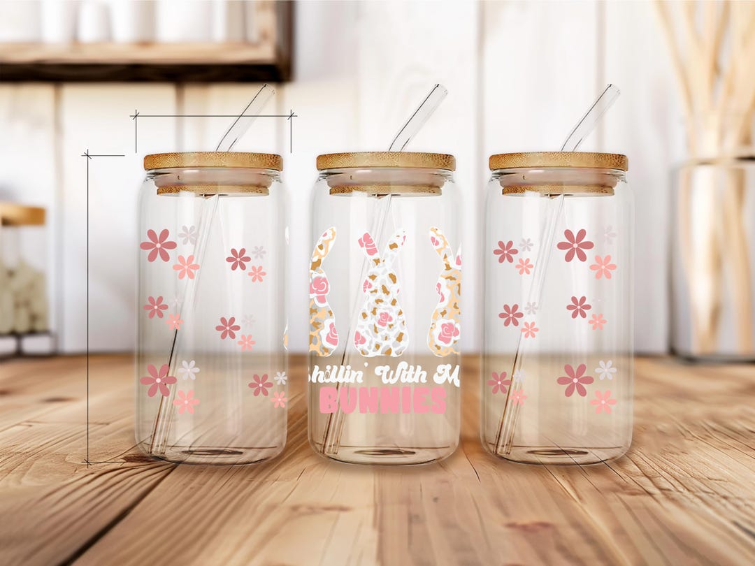 Bunny Floral Print Sipper Glass 16oz for Coffee Lover Easter Iced Glass ...