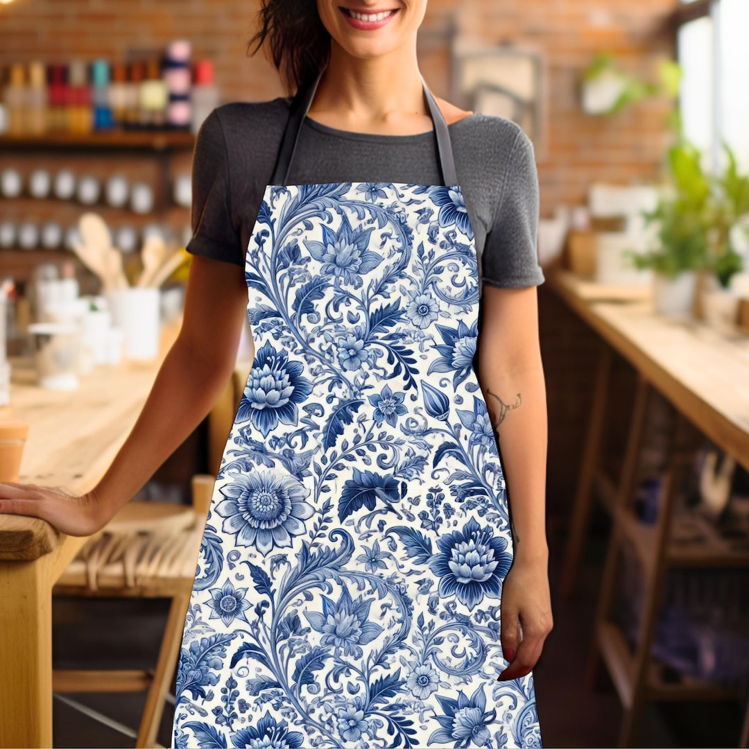 Blue and White Chinoiserie Apron for Cook Floral Poly Apron for Kitchen ...