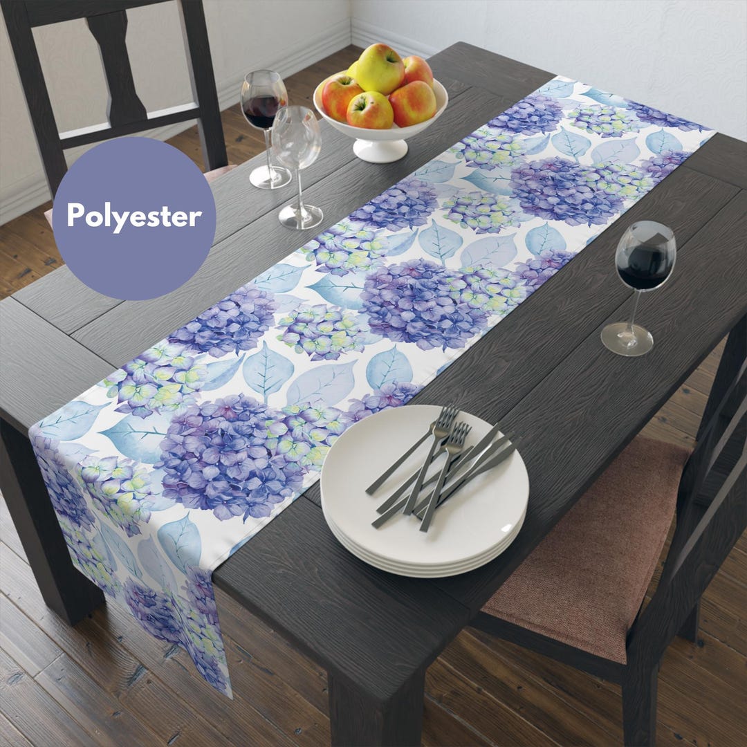 Vibrant Light Blue Hydrangea Print Design on Table Runner or Dining ...