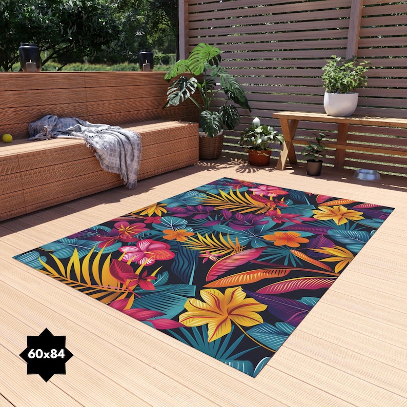 Vibrant Tropical Floral Design on Outdoor Rug for Patio & Garden ...