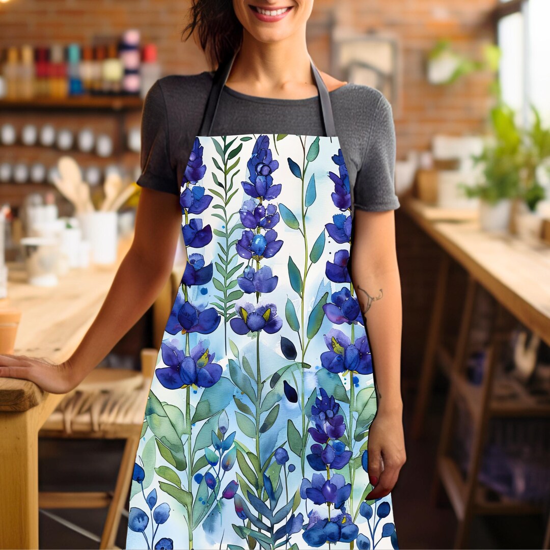 Blue Spring Flower Print Apron for Cooking Floral Poly Apron for ...