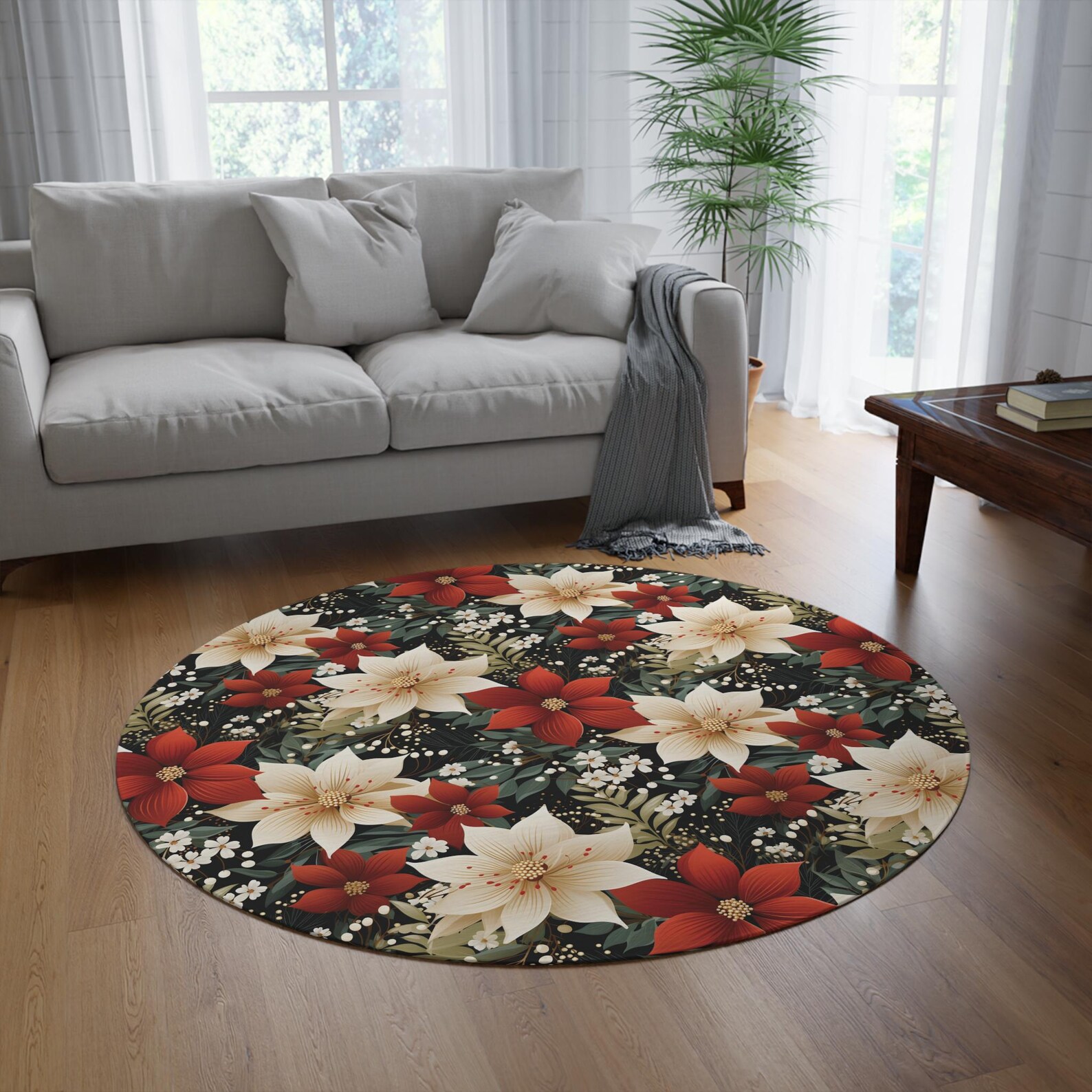 Christmas Poinsettias on Round Rug for Decor Festive Rug for Holiday ...