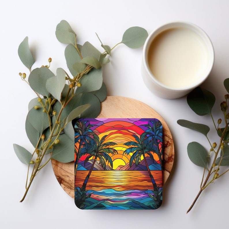 Vibrant Stain Glass Sunset Pic on Hardboard Back Coaster for Dining ...