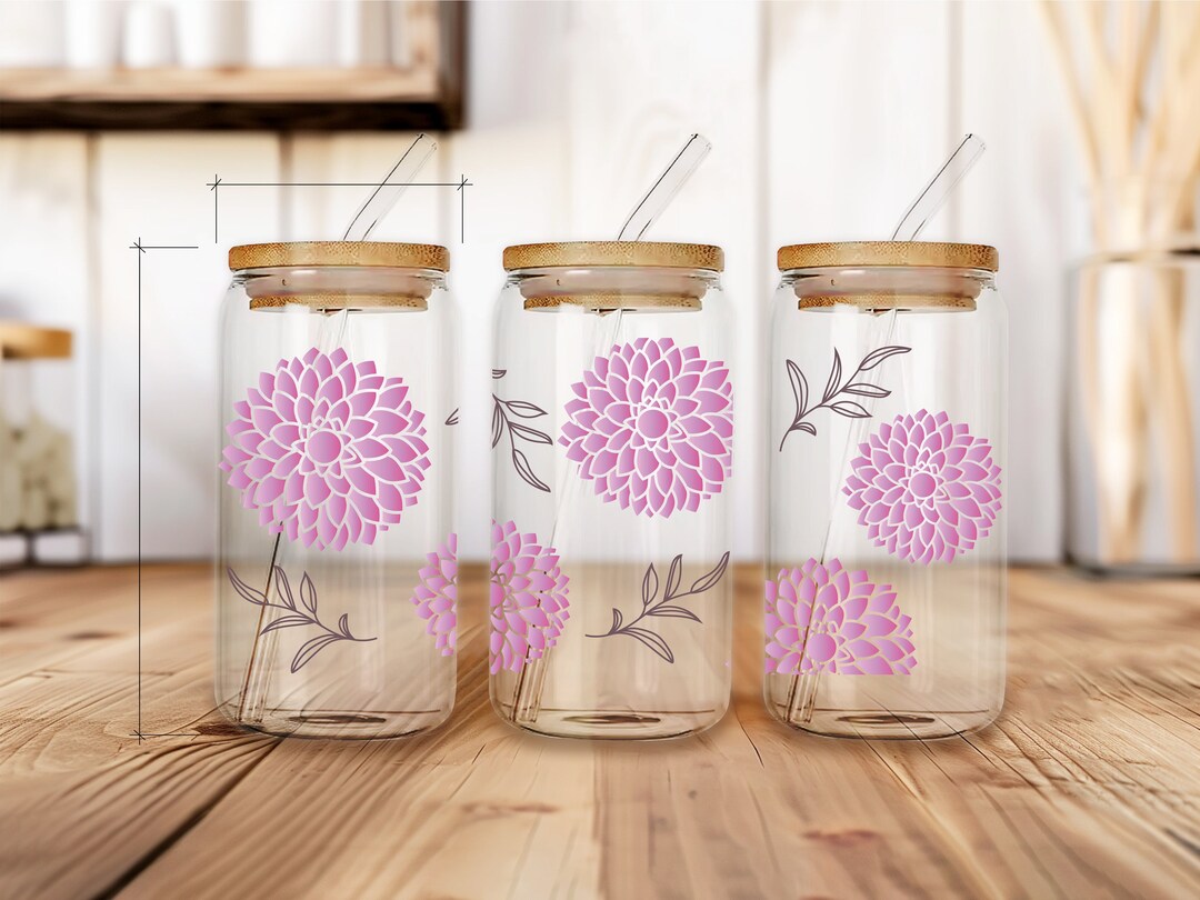 Vibrant Purple Flower Print Sipper Glass 16oz for Coffee Enthusiast ...