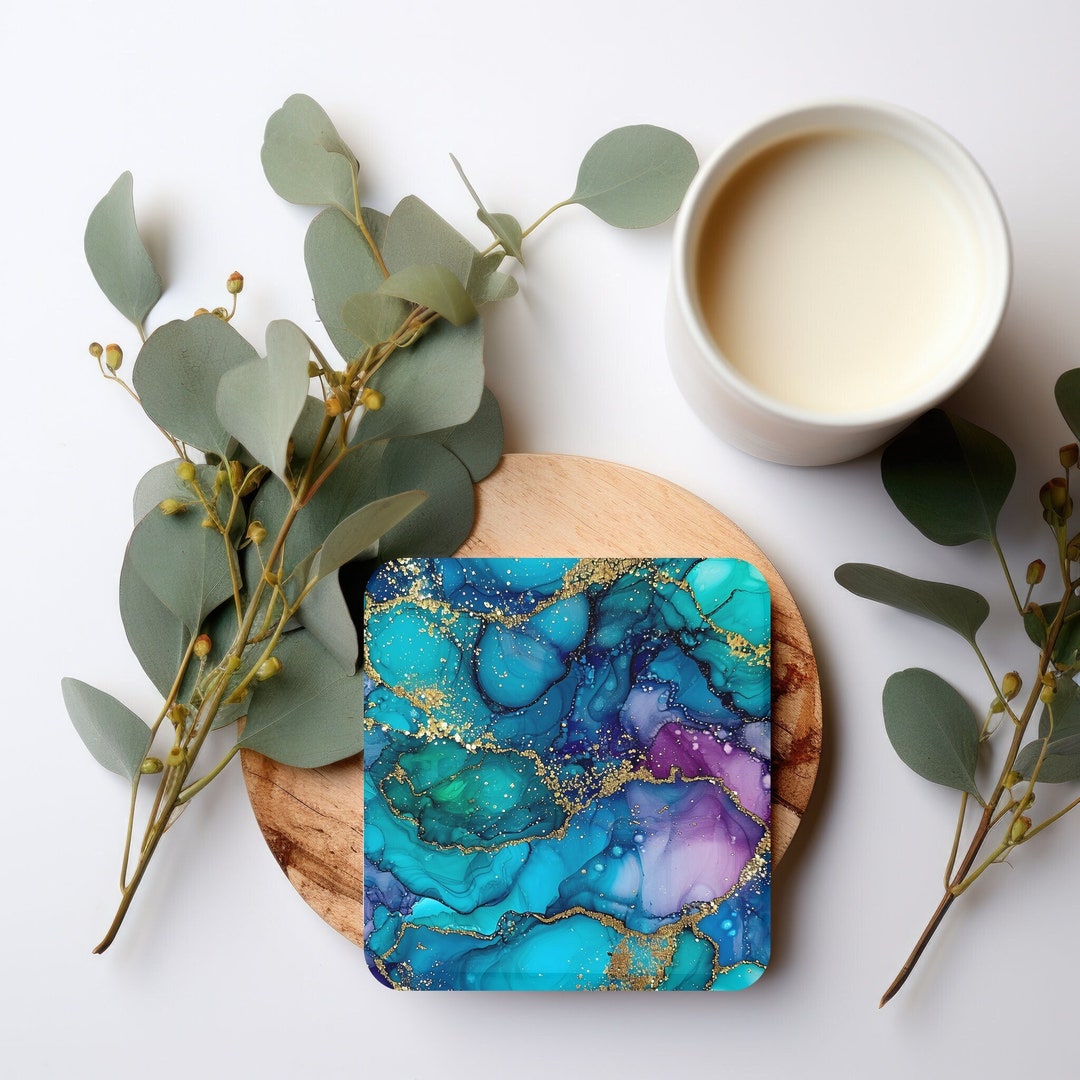 Aqua Purple Marble Print Design on Hardboard Back Coaster for Dining ...