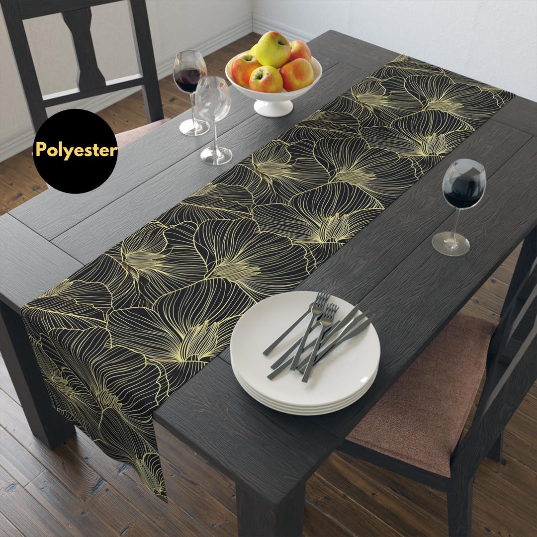 Modern Black and Golden Floral Print Table Runner for Dining Room Decor ...