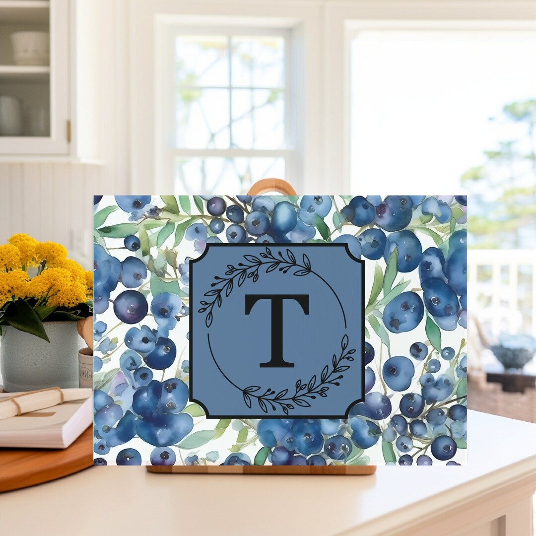 Custom Blueberry Monogram Print on Glass Cutting Board Custom Name ...