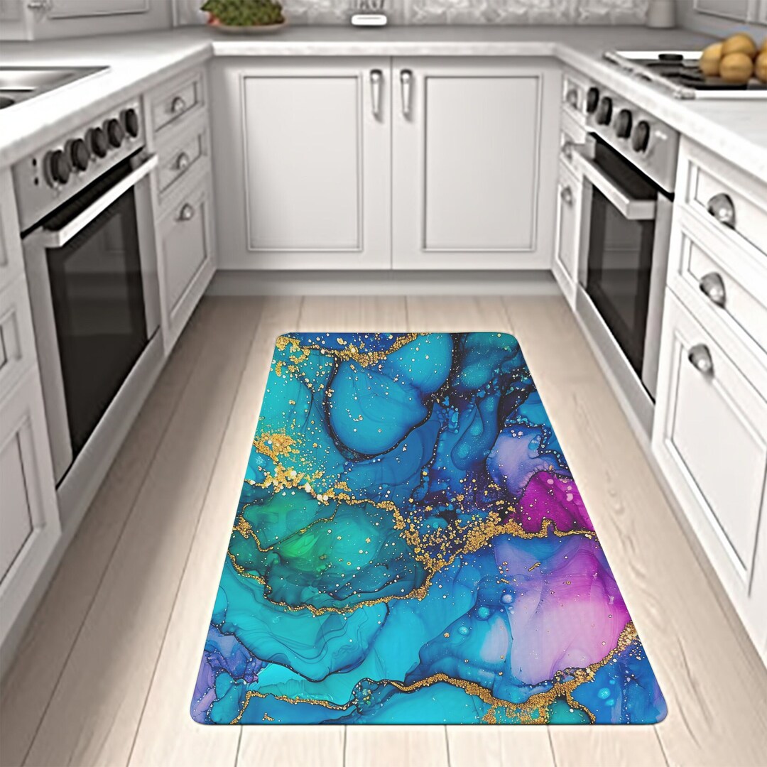 Teal and Purple Marble Print on Area Rugs Marble Print Design on Mat ...
