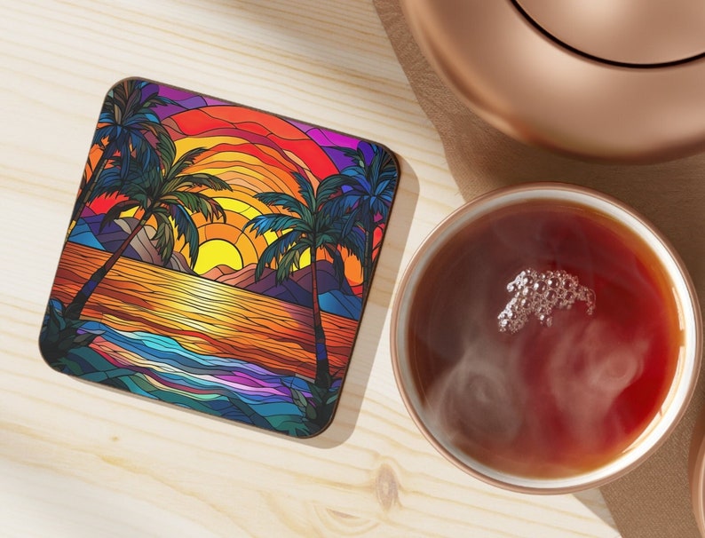 Vibrant Stain Glass Sunset Pic on Hardboard Back Coaster for Dining ...
