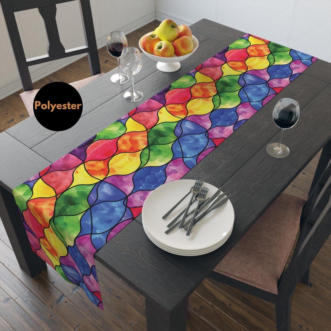 Vibrant Rainbow Stained Glass Print Design on Table Runner for Dining ...